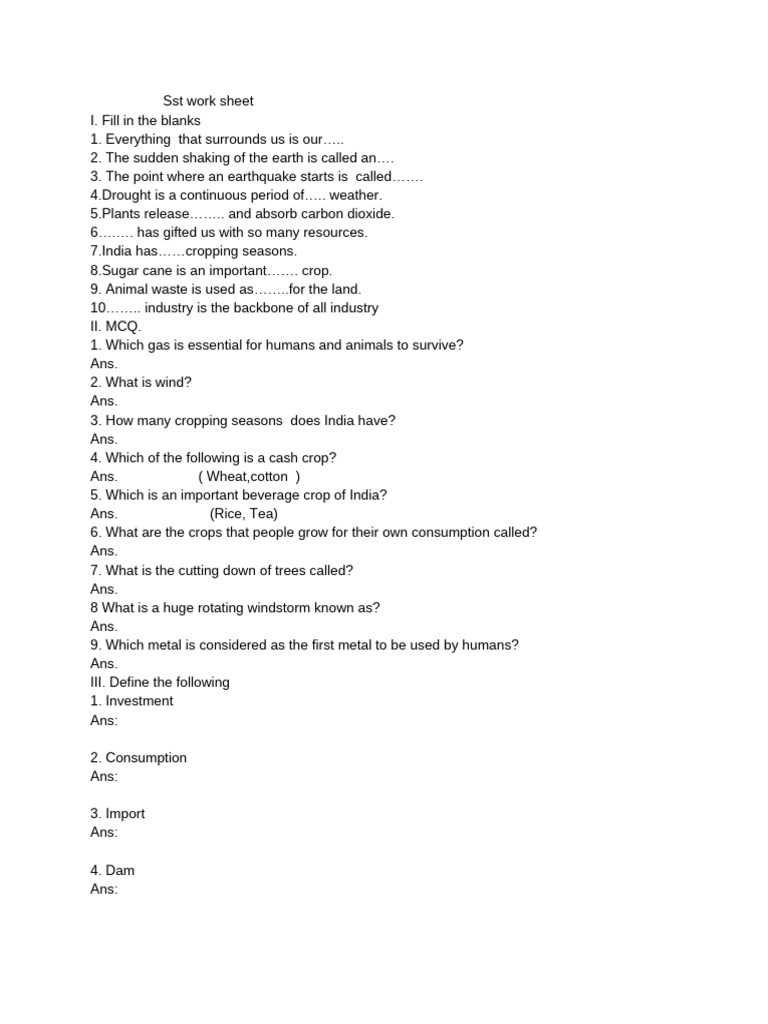 SST Work Sheet 5 TH | PDF