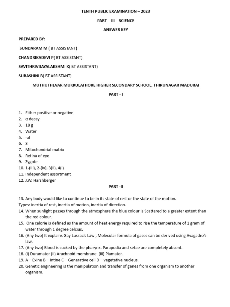 Tenth Public Exam Science Answer Key | PDF | Chemical Equilibrium ...
