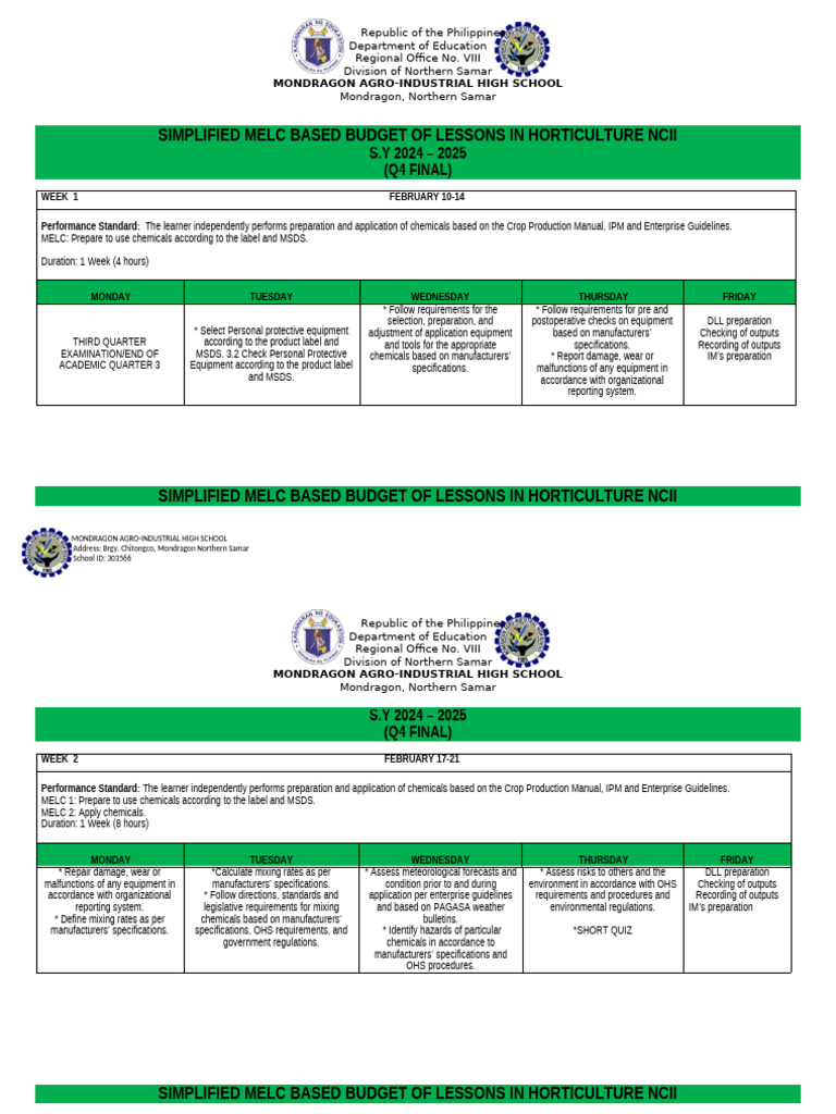 BOL Horticulture NCIII 4th Quarter REVISED | PDF | Occupational Safety ...