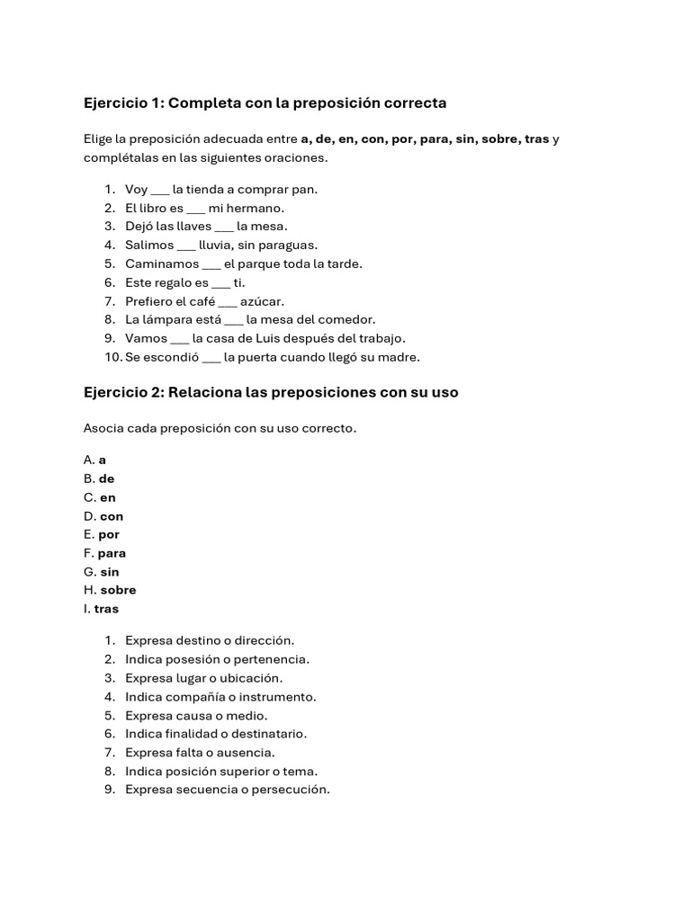 Ejercicios de Preposiciones en Español | PDF