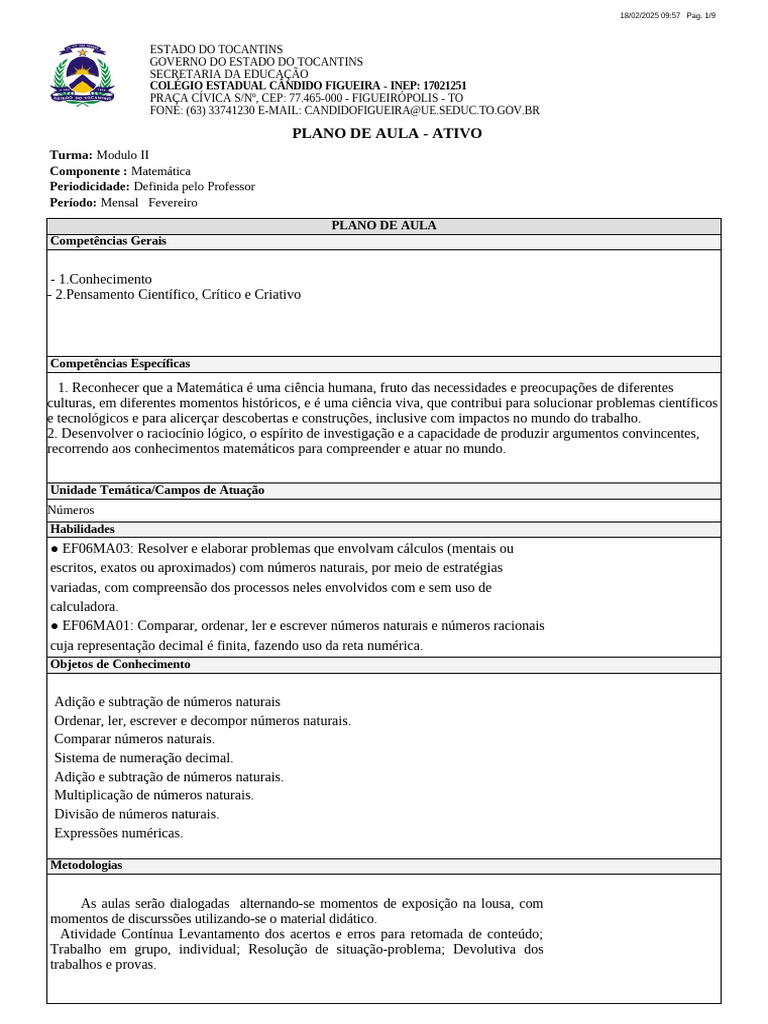 Plano de Aula Modulo II 2025 | PDF | Matemática | Science
