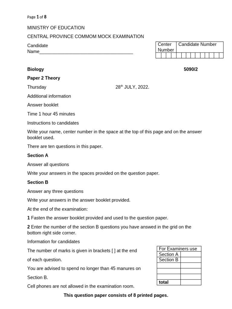 Biology Mock Exam Paper 2022 | PDF | Endocrine System | Hormone