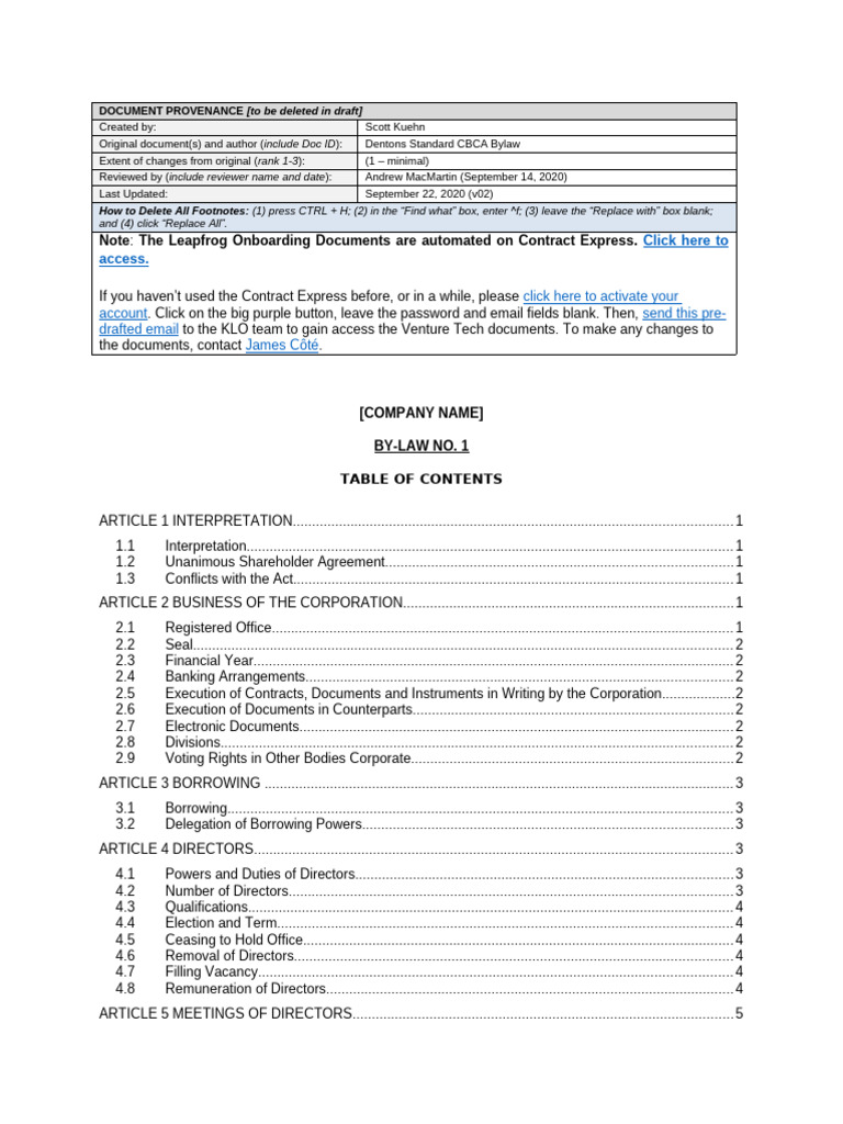 A2.06a CBCA - General By-Law (Long Form) v02 | PDF | Board Of Directors ...
