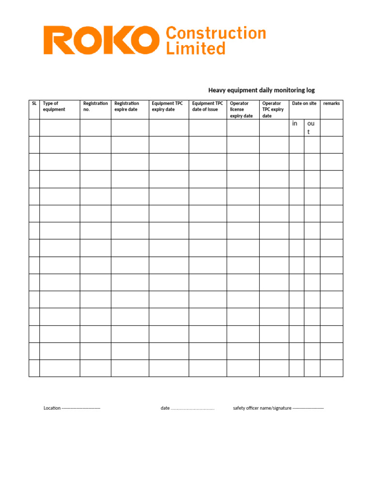 Daily Heavy Equipment Monitoring Log | PDF