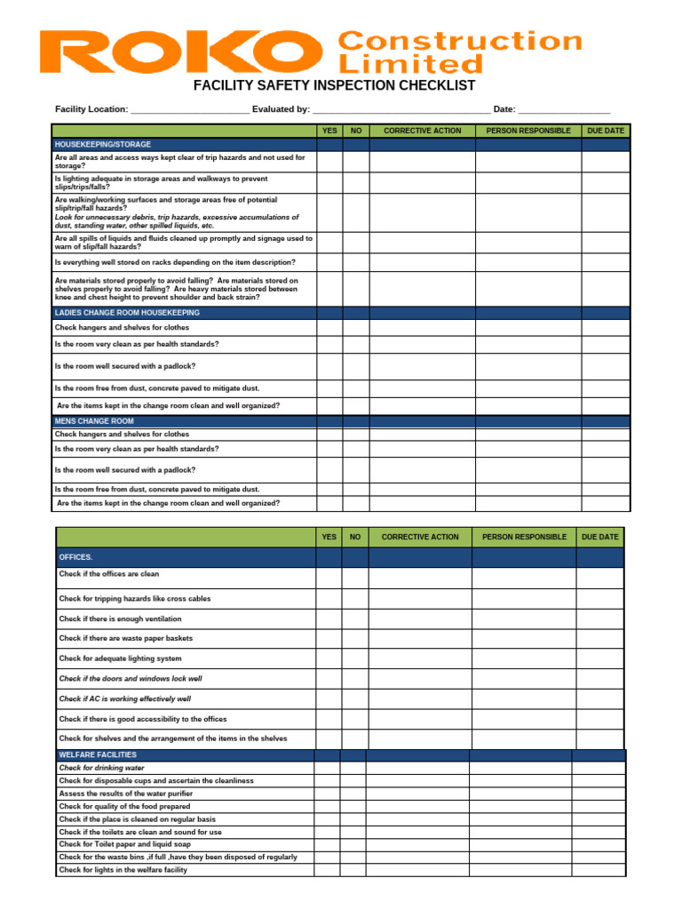 Facility Safety Inspection Checklist | PDF | Housekeeping | Water