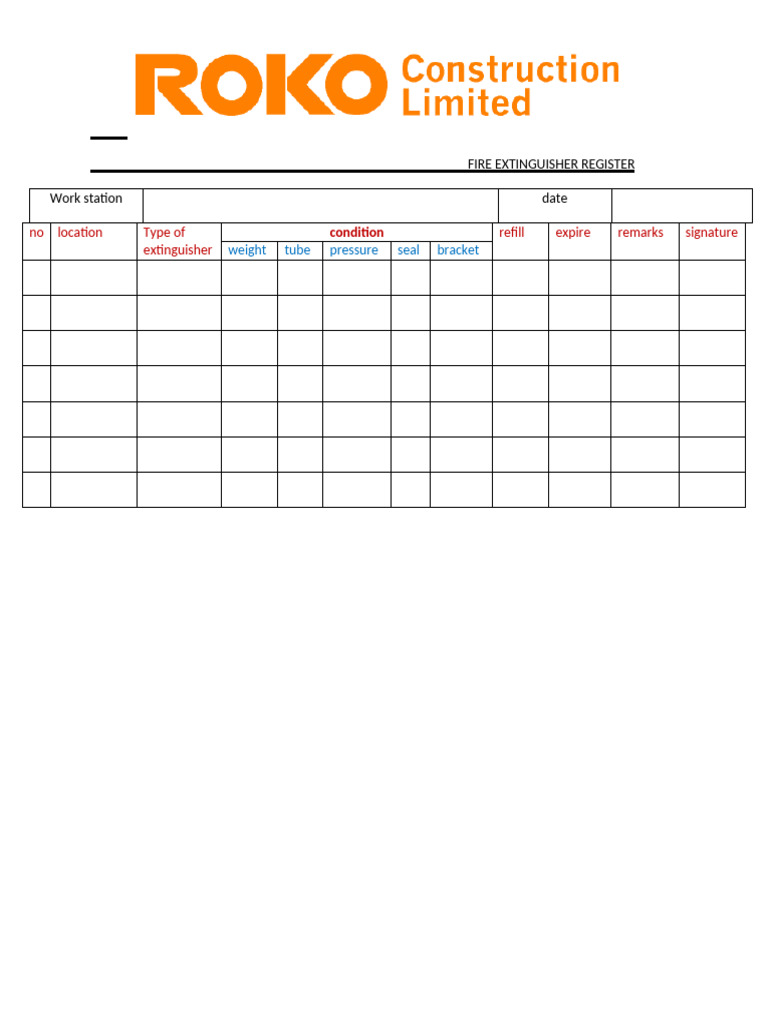 Fire Extinguisher Register Template | PDF