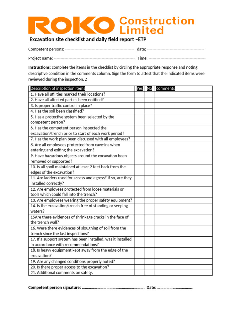 Excavation Site Safety Checklist | PDF