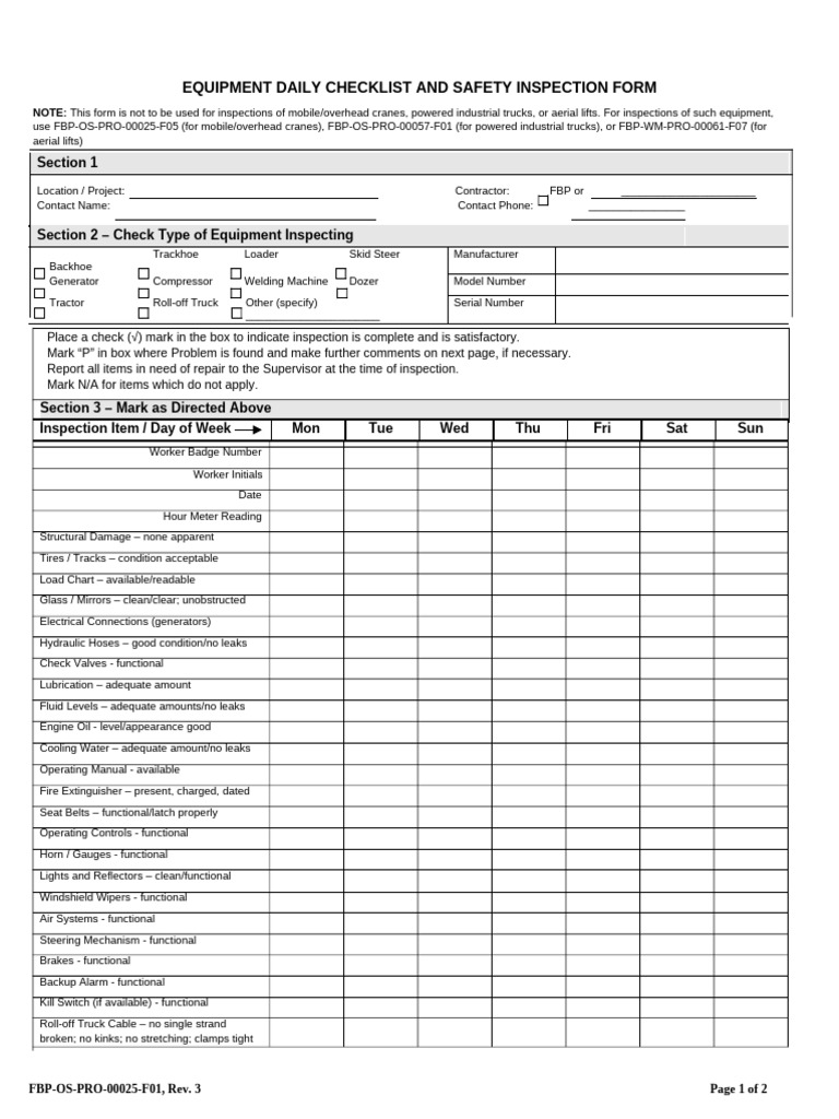 Equipment Inspection Checklists | PDF | Loader (Equipment) | Forklift