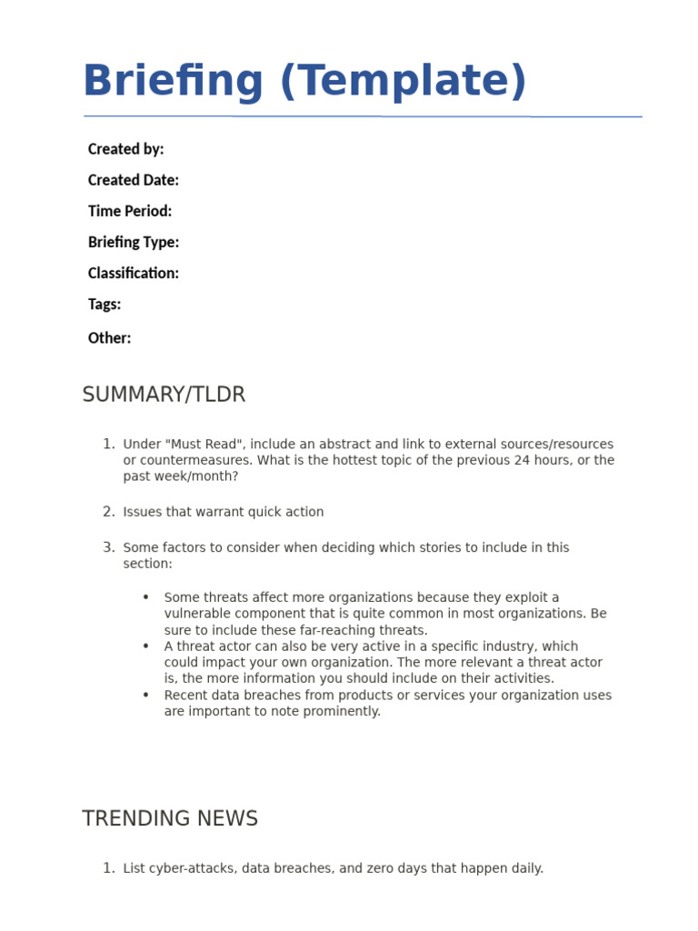 Cyber Threat Intelligence Briefing Template | PDF