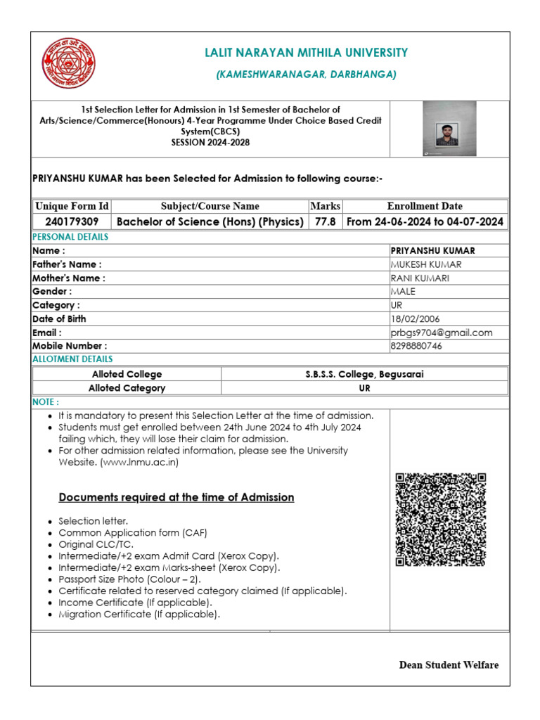 Selection Letter | PDF