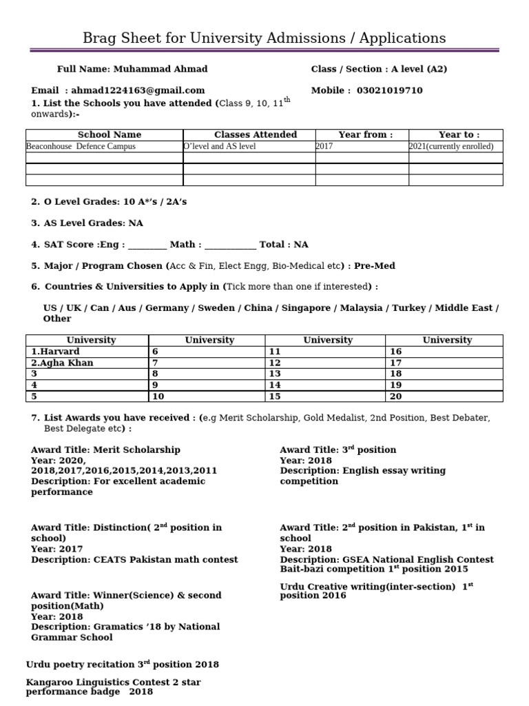 Brag Sheet - Access Centre - Beaconhouse School System | PDF