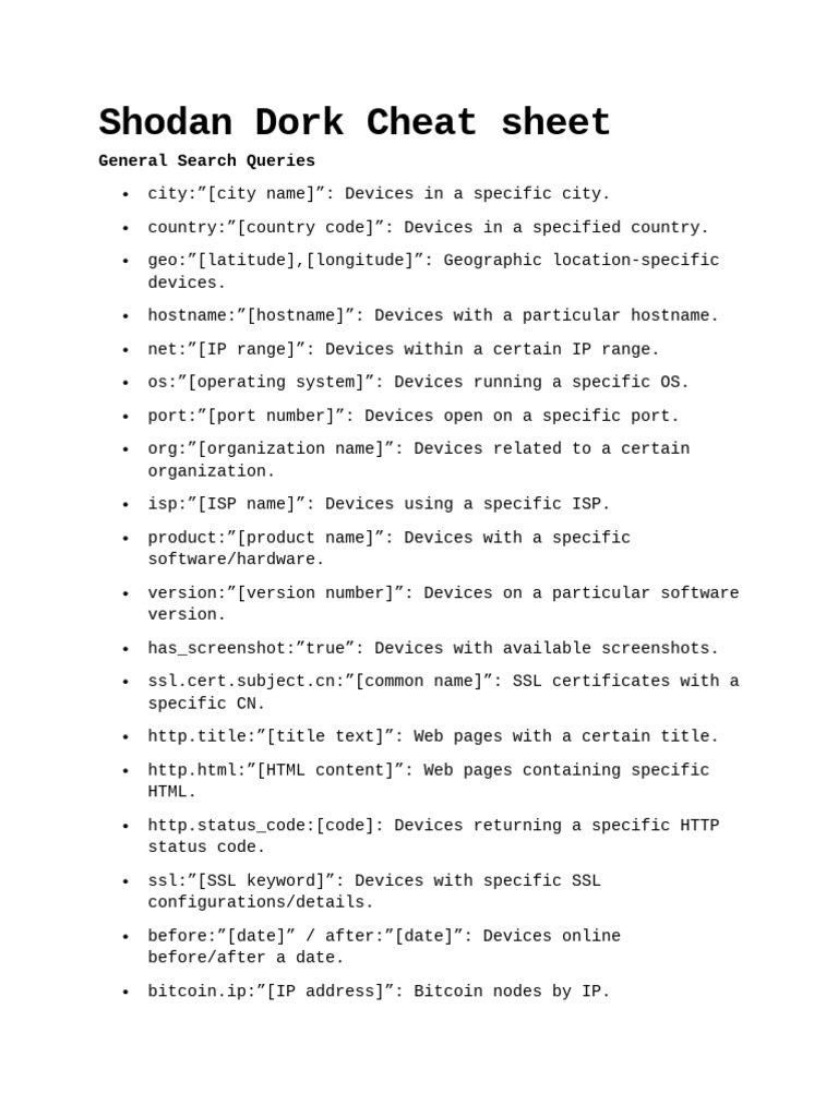 Shodan Dork Cheat sheet | PDF | Transport Layer Security | Internet ... Shodan Dork Cheat sheet | PDF | Transport Layer Security | Internet ...