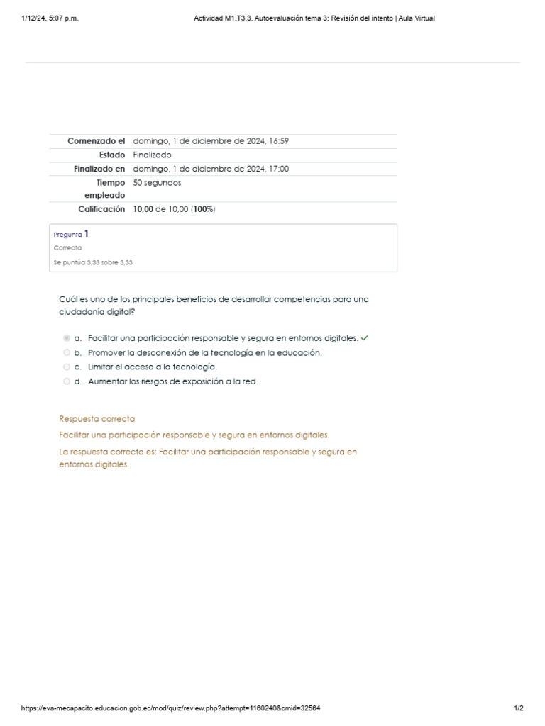 Actividad M1.T3.3. Autoevaluación Tema 3 - Revisión Del Intento - Aula Virtual | PDF