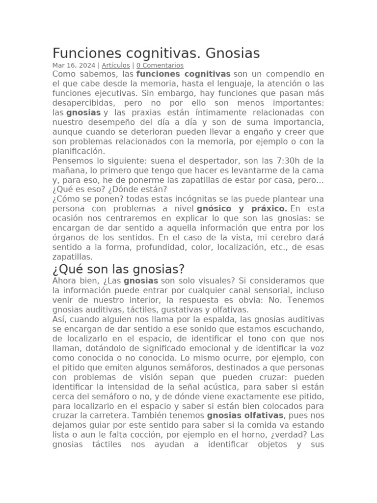 Funciones cognitivas. Gnosias | PDF | Procesos mentales | Cognición