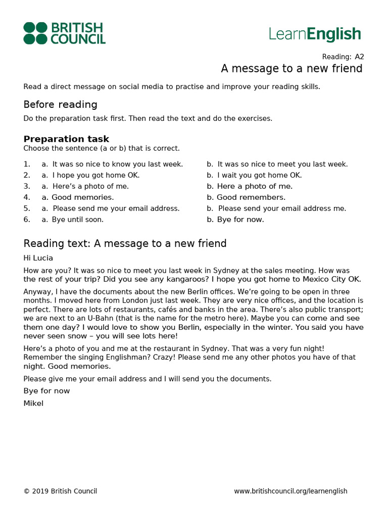 Reading Practice: Message to a Friend | PDF