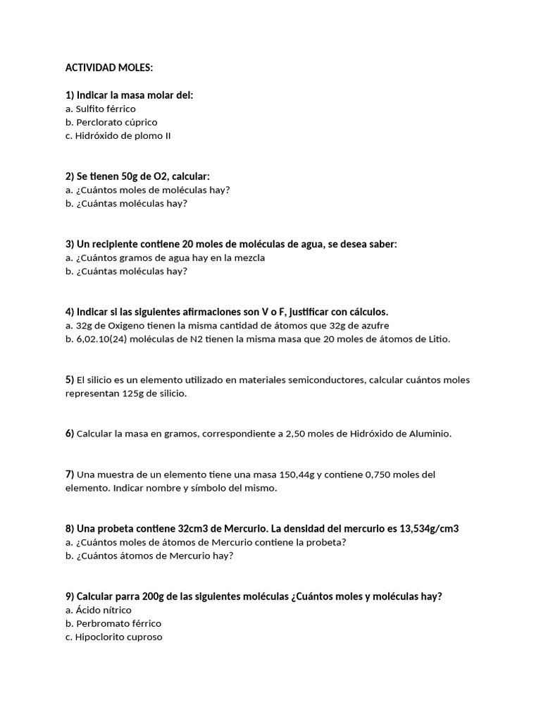 MS Ejercicios Moles 4to 2022 | PDF