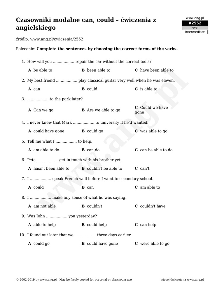 Modal Verbs Can, Could Exercises | PDF | Linguistics | Grammar
