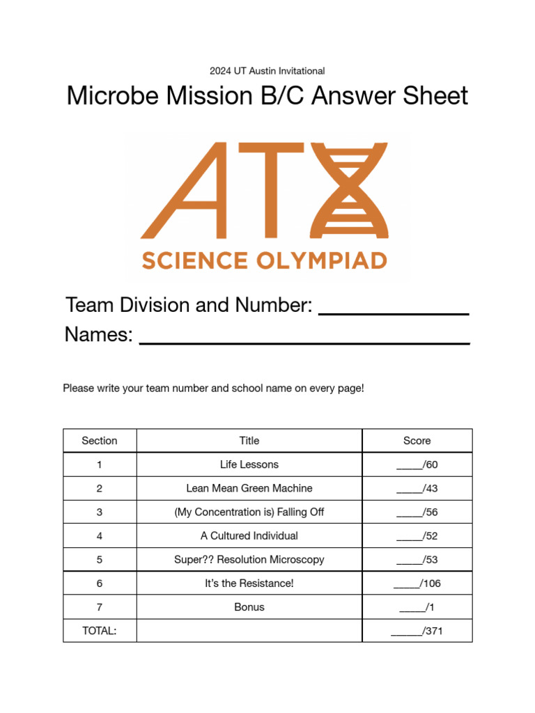 ATX SciOly Microbe Mission Answer Sheet VERY FINAL | PDF