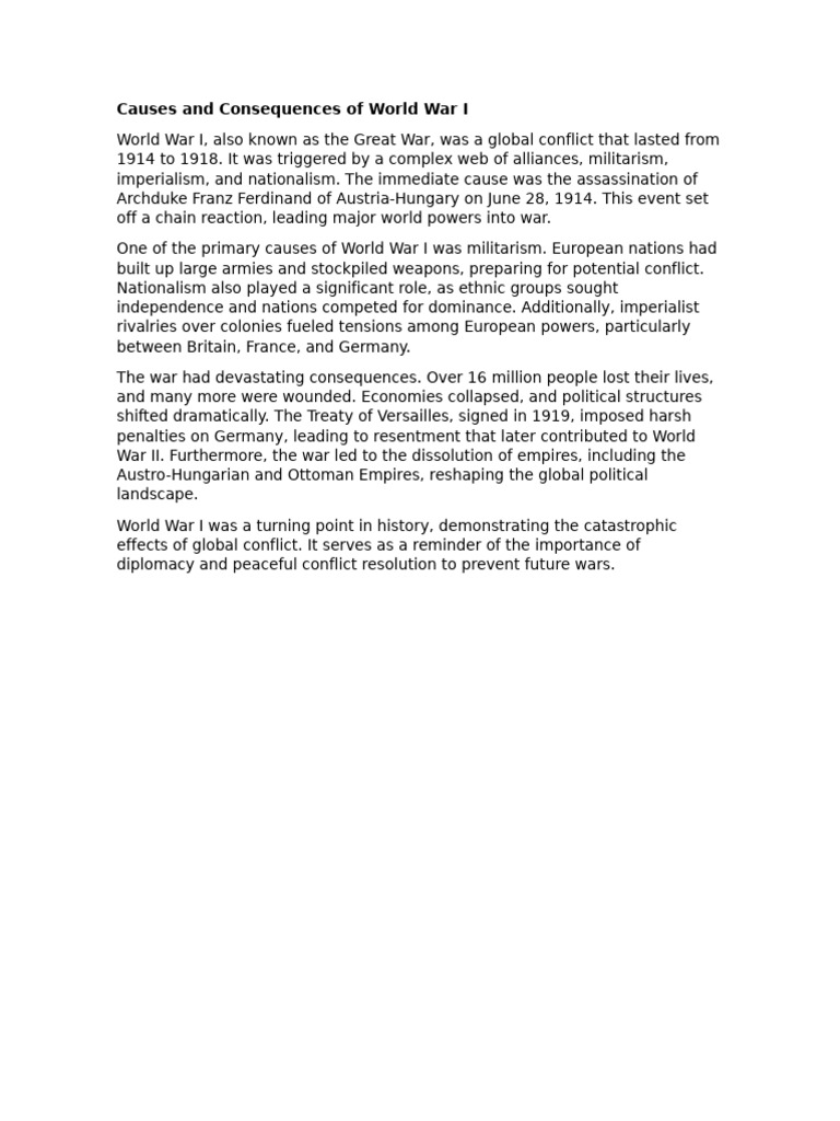 Causes and Consequences of World War I | PDF