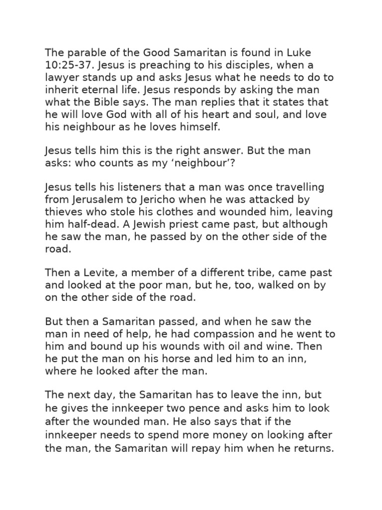 The Parable of The Good Samaritan Is Found in Luke 10 | PDF