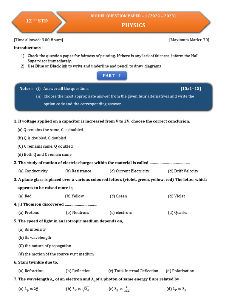 12th Physics Model Question Paper 2022 2023 | PDF | Magnetic Field | Inductor