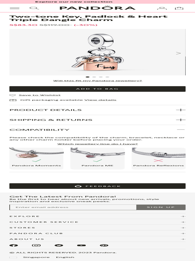 Two-Tone Key, Padlock & Heart Triple Dangle Charm Two-Tone Pandora SG | PDF