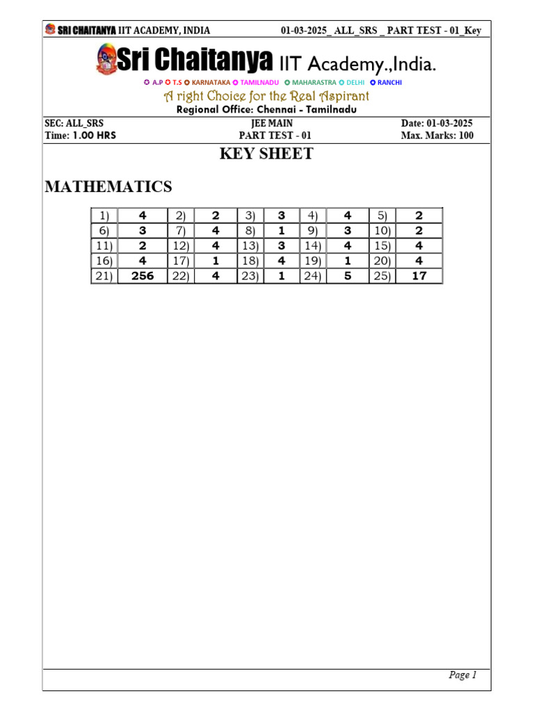 01-03-2025 - All SRS - Maths Jee Main Pattern - PT - 01 - Key | PDF