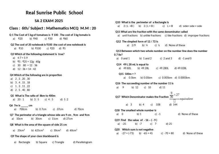 6th Grade Math Exam MCQs | PDF | Area | Euclid