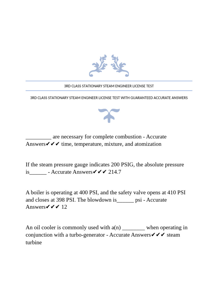 3RD Class Stationary Steam Engineer License Test | PDF | Boiler | Steam