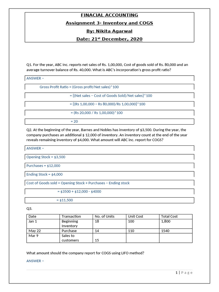 Inventory and COGS Analysis for ABC Inc. | PDF | Cost Of Goods Sold ...