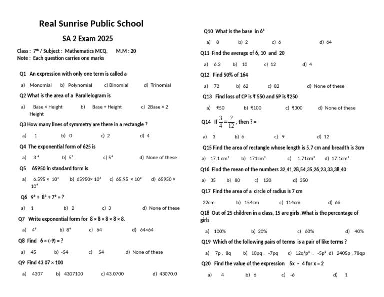 Class 7th SA2 MATH MCQ25 | PDF | Geometry | Numerical Analysis