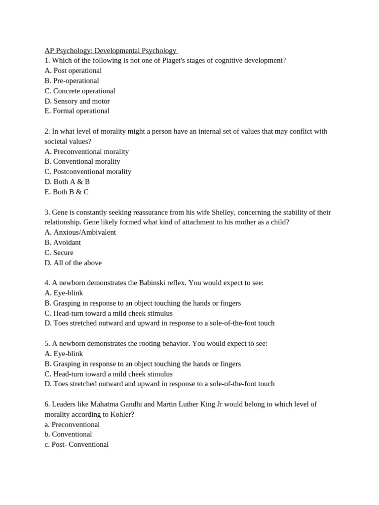 AP Psychology Developmental Quiz | PDF | Cognitive Development ...