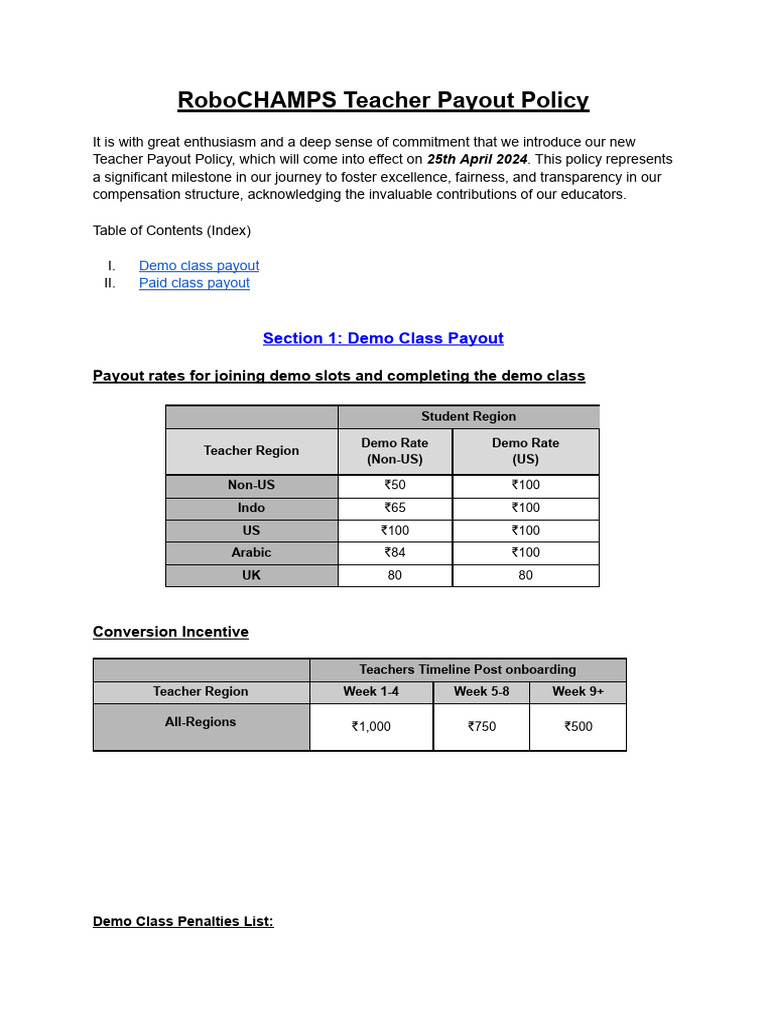 RoboCHAMPS Teacher Payout Policy | PDF | Payments | Government Finances