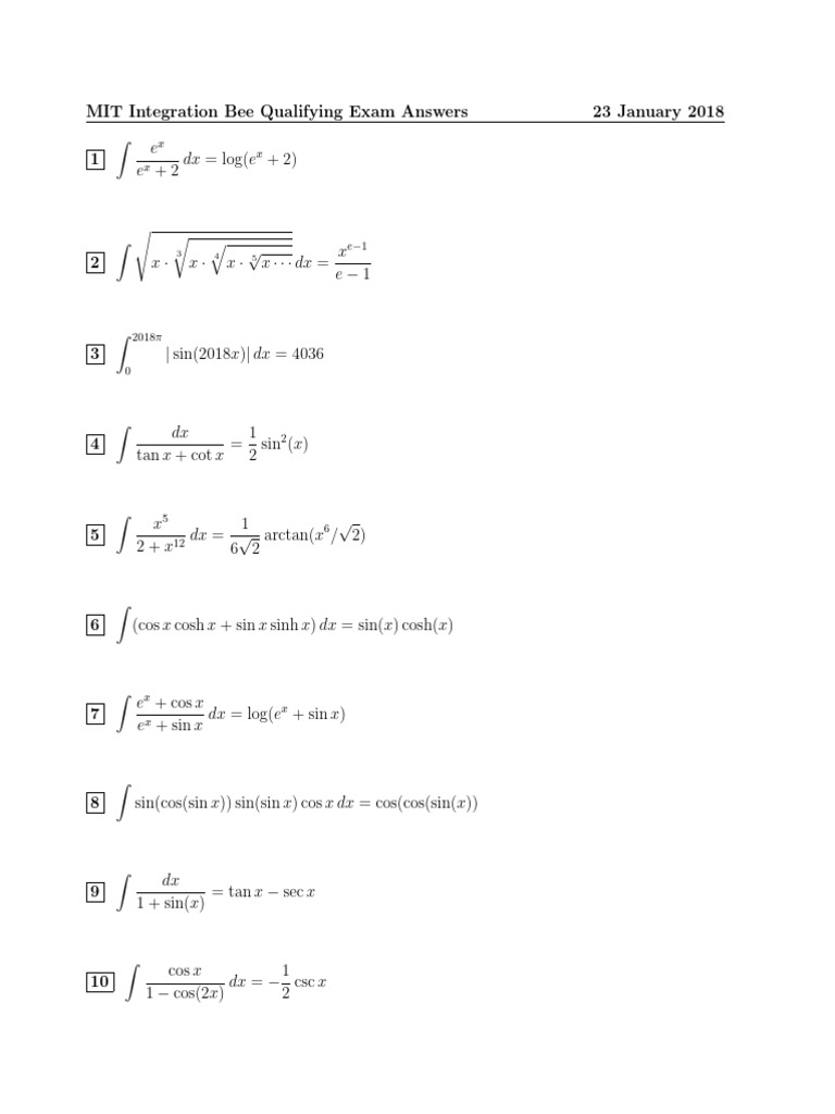 Mit Integration Bee Exam Solutions 2018 Pdf