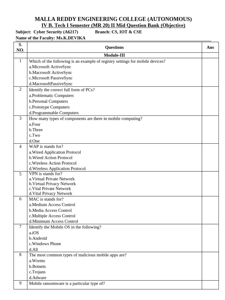 Mid 2 Objective | PDF | Computer Network | Malware
