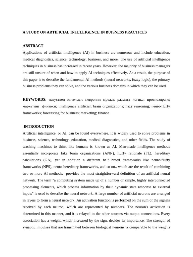A Study On Artificial Intelligence in Buisness Practices | PDF ...