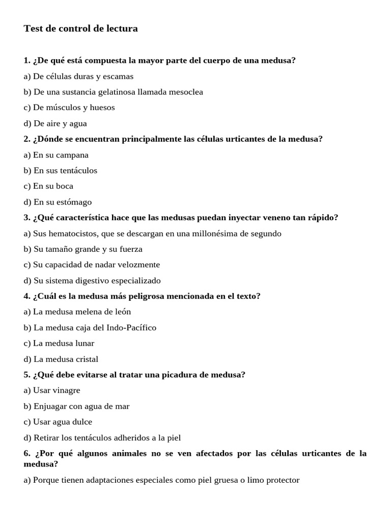 Preguntas sobre medusas y su veneno | PDF | Veneno