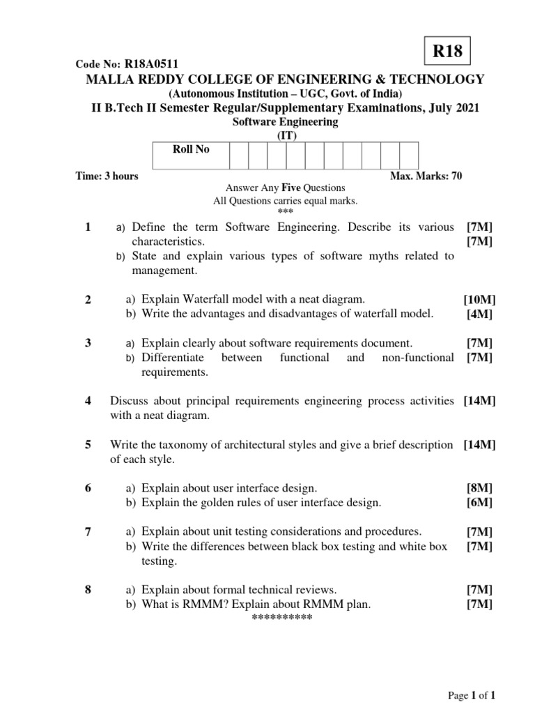 Software Engineering Exam Questions Guide | PDF