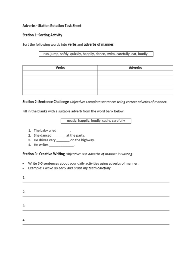 Adverbs Station Rotation Task Sheet | PDF