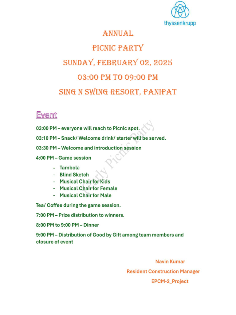 Invitation For Yearly Picnic | PDF
