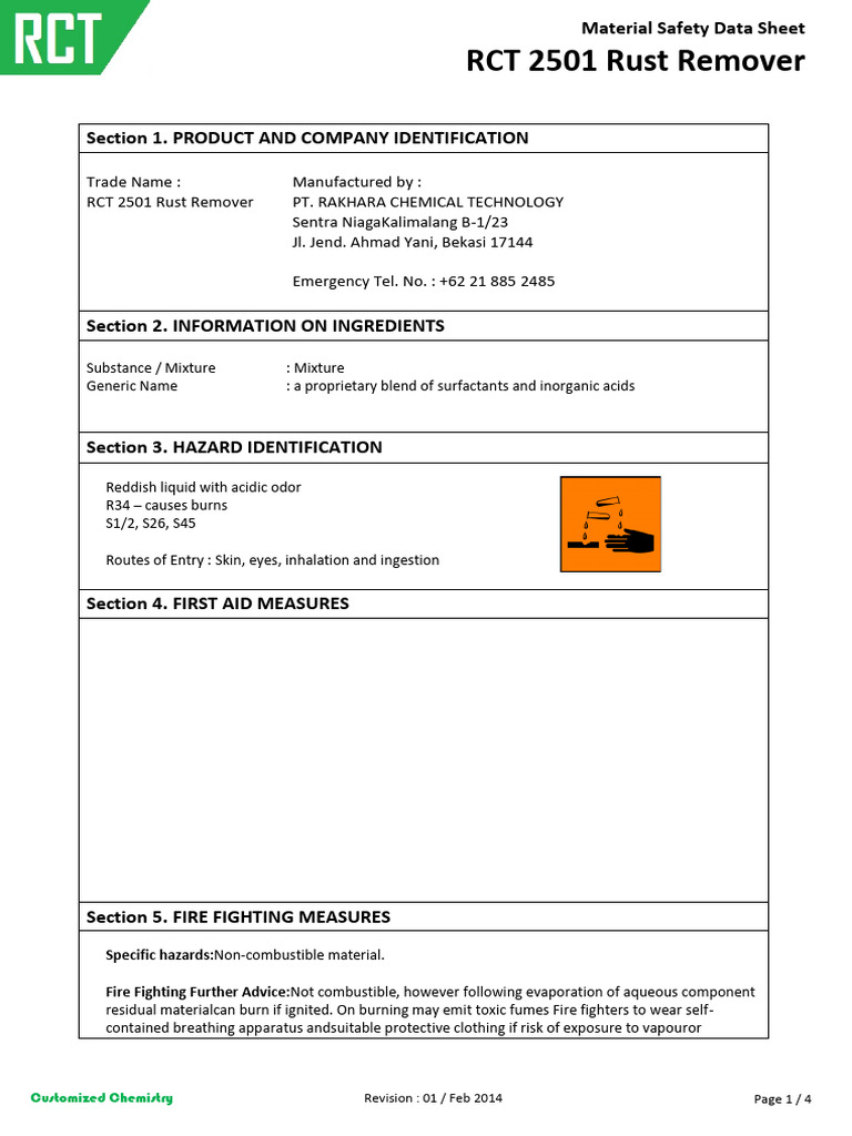 MSDS RCT 2501 Rust Remover Rev | PDF | Dangerous Goods | Toxicity