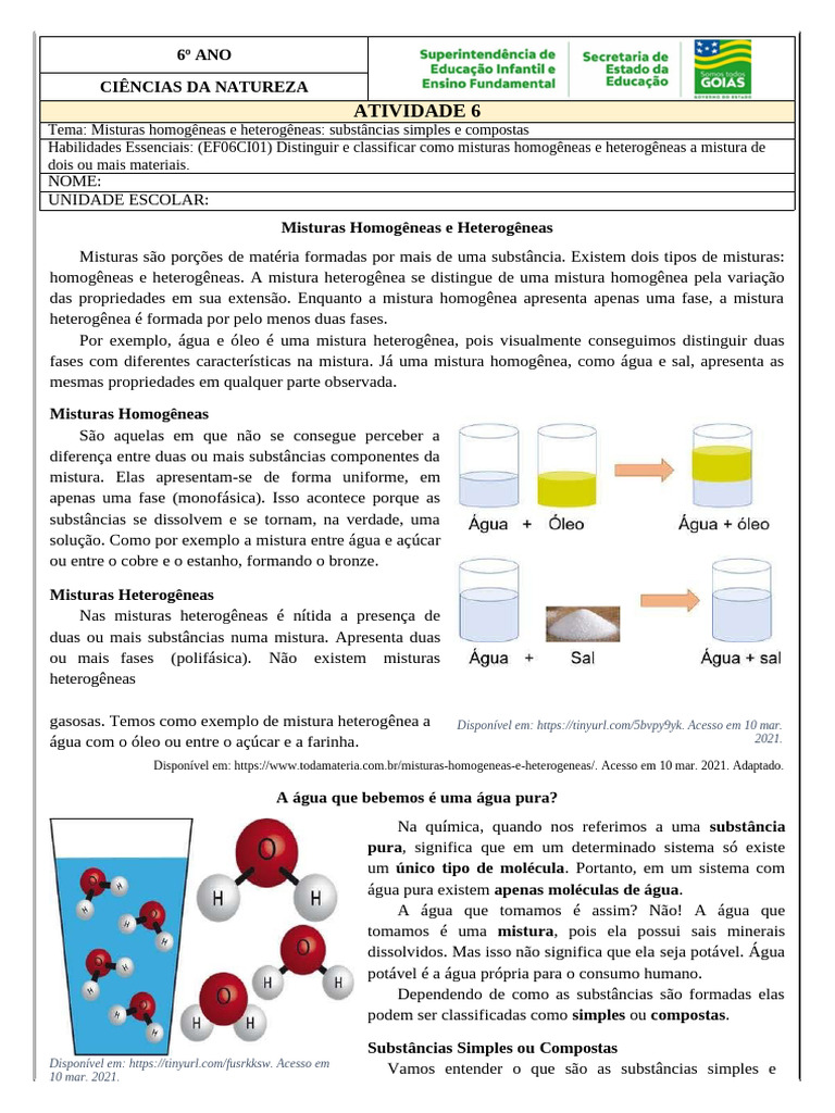 Misturas Homogêneas e Heterogêneas | PDF | Mistura | Substancias químicas