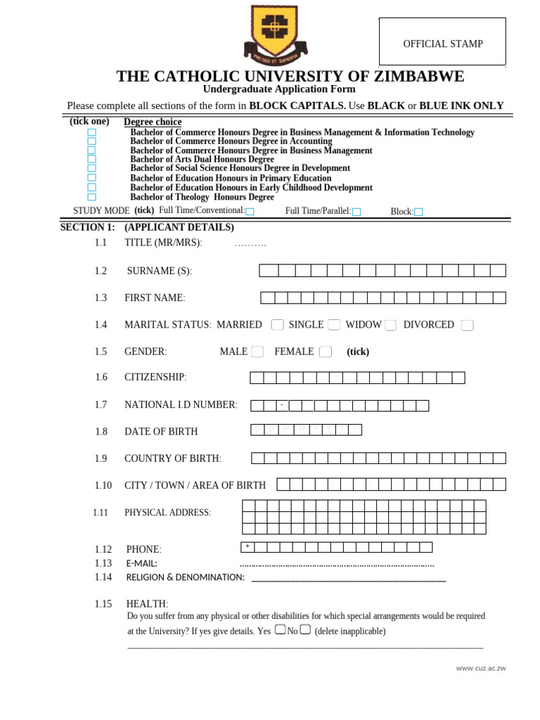 Catholic University of Zimbabwe Application Form | PDF | Educational ...