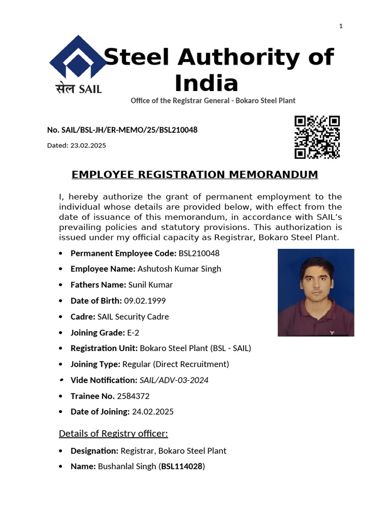 SAIL Employee Registration Memo | PDF