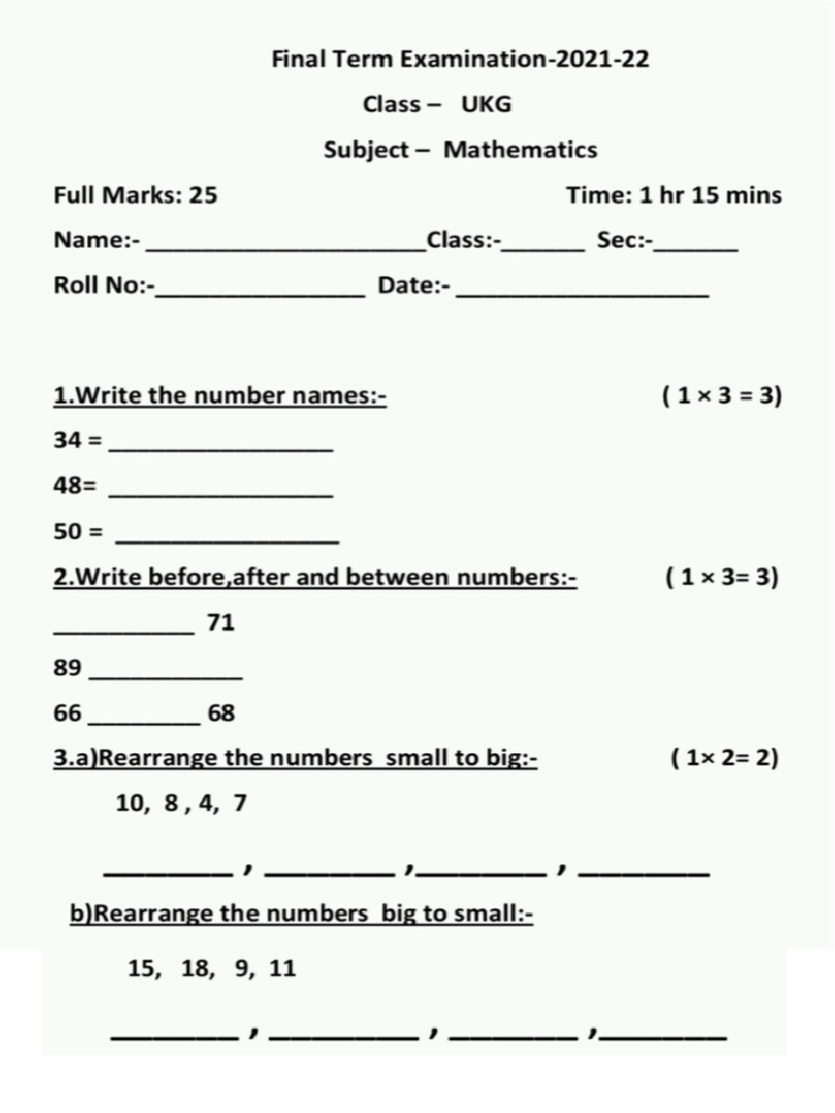 UKG Final Term Question Paper English and Maths Aths | PDF