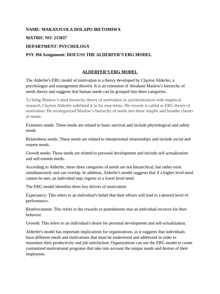 Understanding Alderfer's ERG Model | PDF | Motivational | Motivation