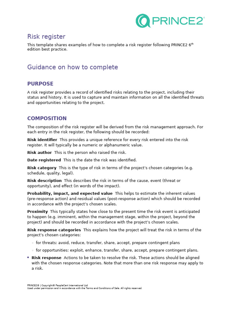 PRINCE2 6th Edition Risk Register Template Example | PDF | Risk | Risk ...