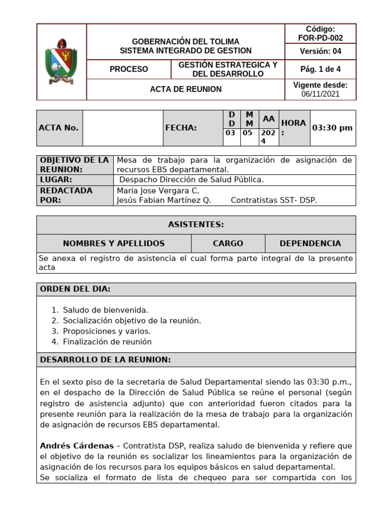 ACTA MESA DE TRABAJO PLANEACION RECURSOS EBS ADICION | PDF