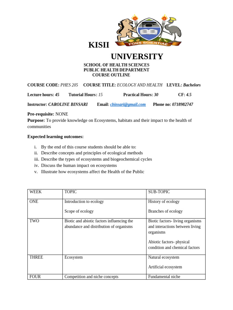 Ecology and Health Course Outline | PDF | Ecology | Ecosystem