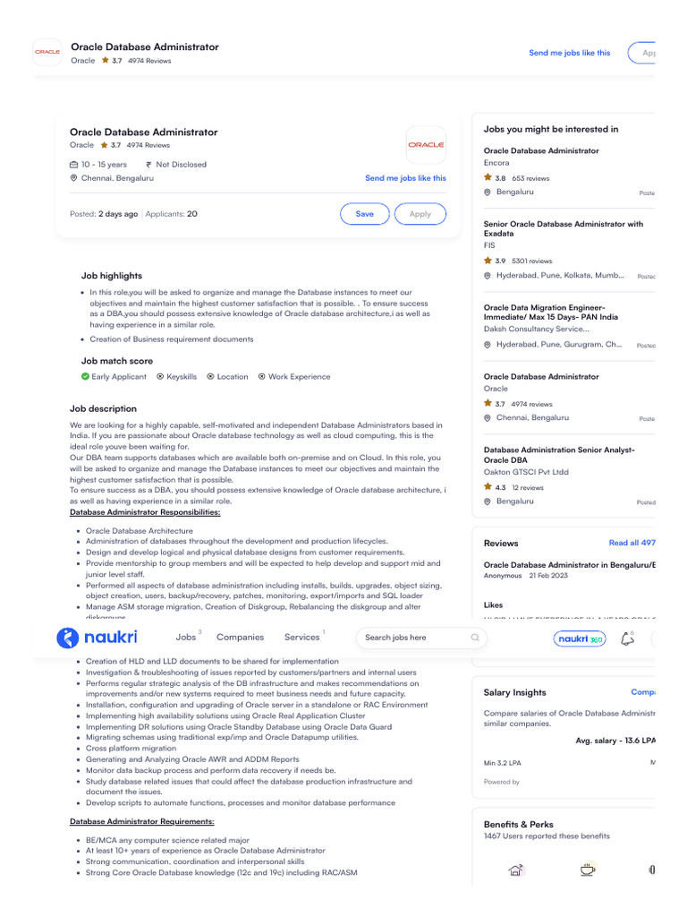 Oracle Database Administrator - Chennai, Bengaluru - Bangalore - Oracle ...